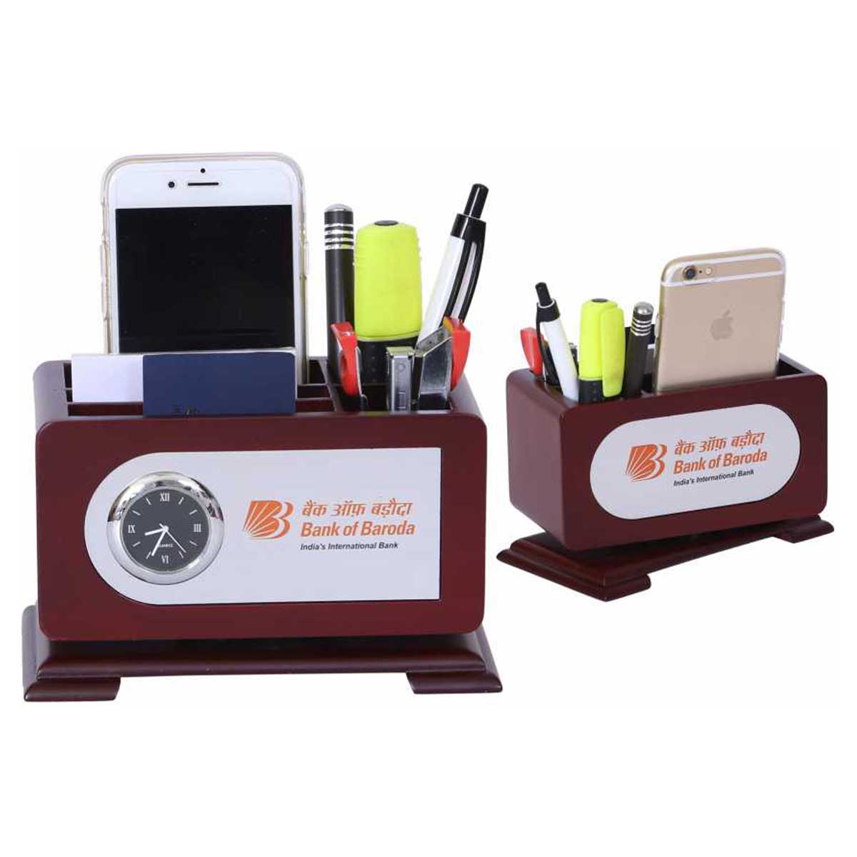 Revolving Wooden Desktop Organizer | Clock & Mobile Stand