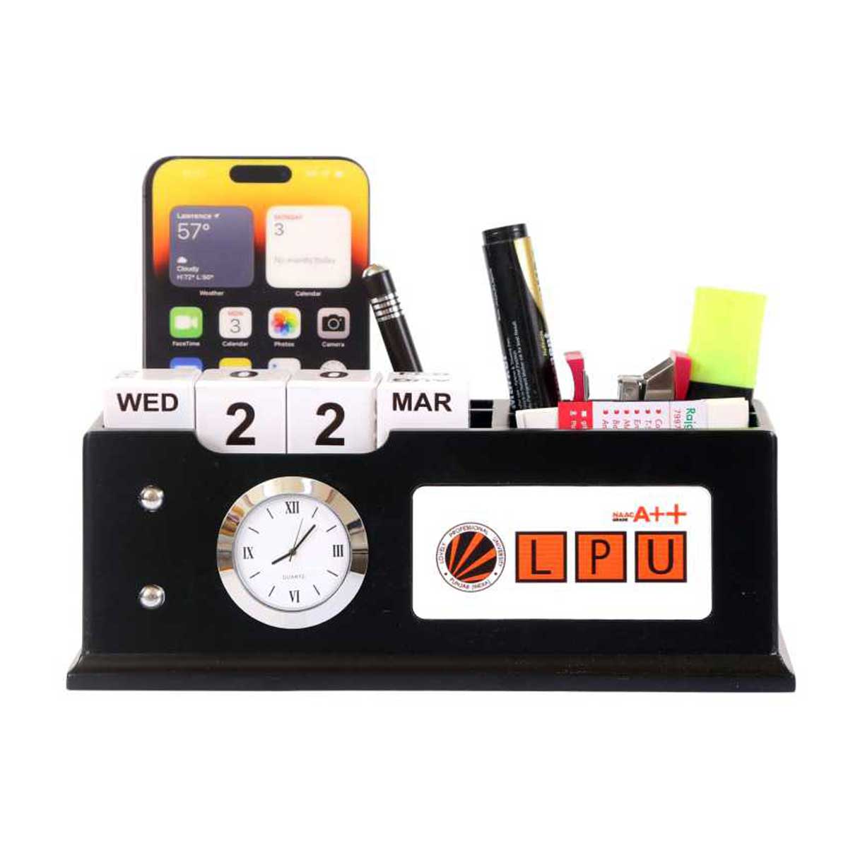 Executive Wooden Desk Organizer with Clock & Calendar