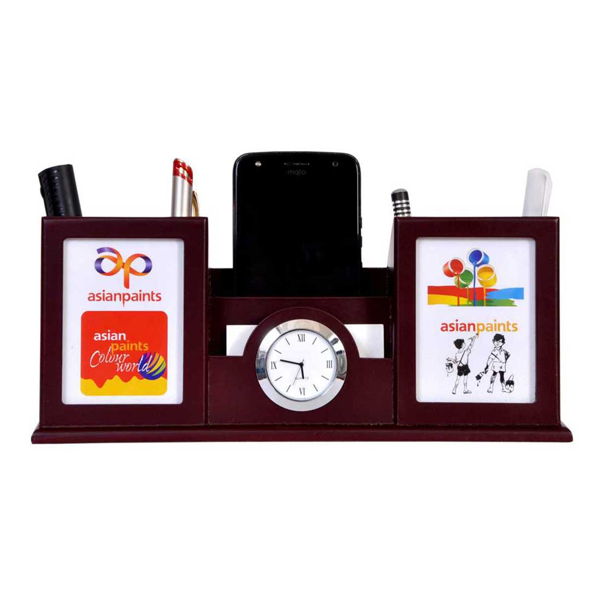 Maroon Wooden Desk Organizer with Clock & Frames