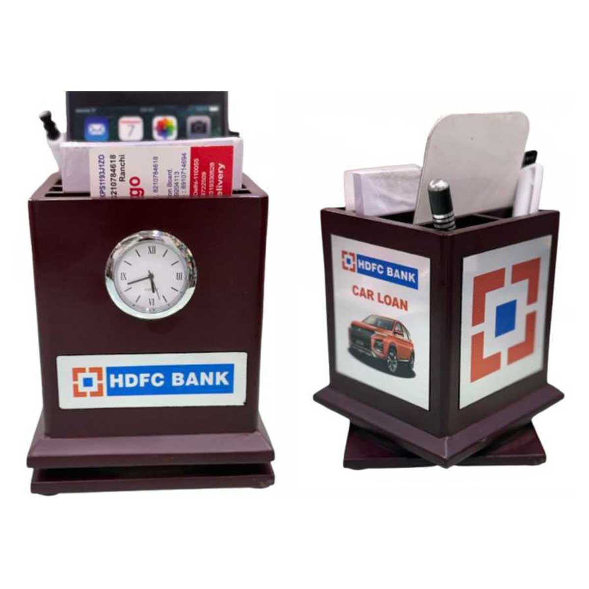 Revolving Wooden Desk Organizer with Clock | Executive Gift