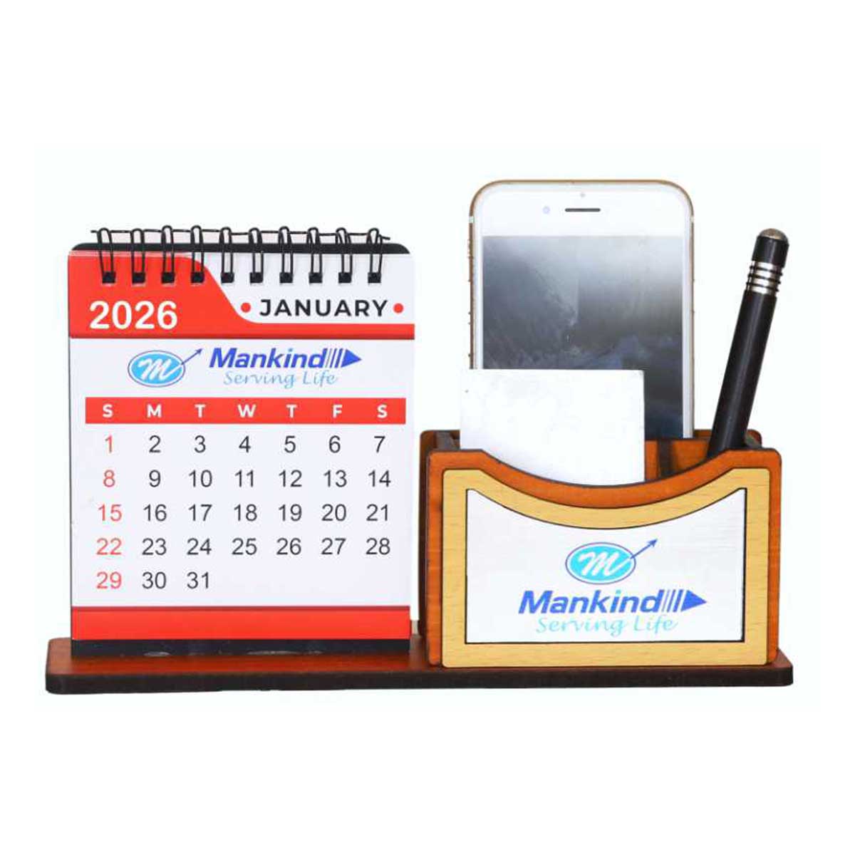 Wooden Calendar Desk Organizer with Mobile Stand | 2026